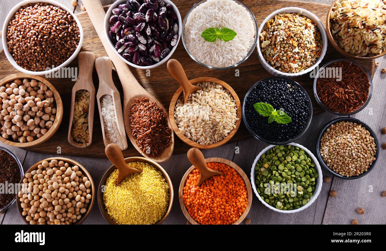 Composition with different kinds of dry food products Stock Photo - Alamy