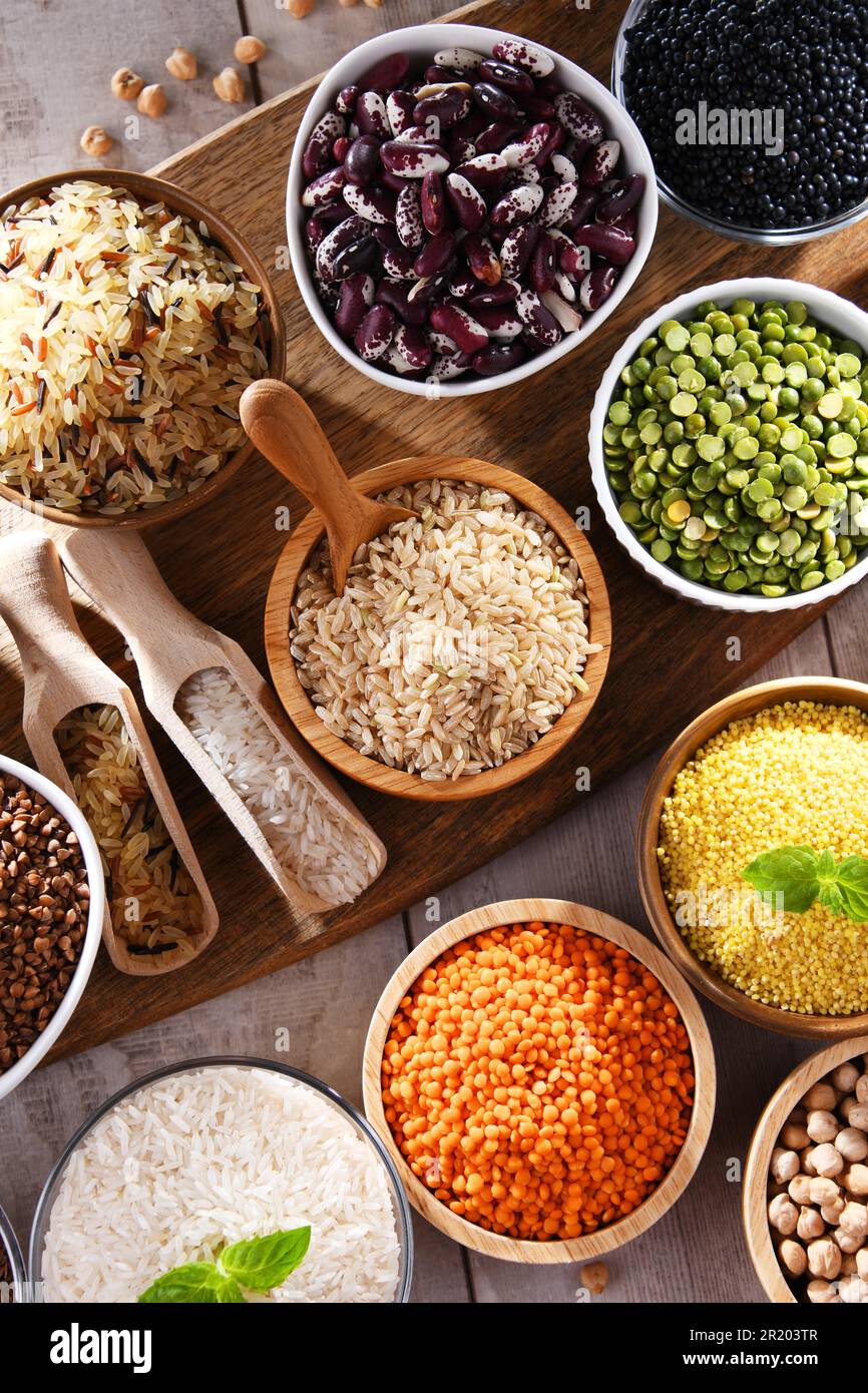 Composition with different kinds of dry food products Stock Photo - Alamy