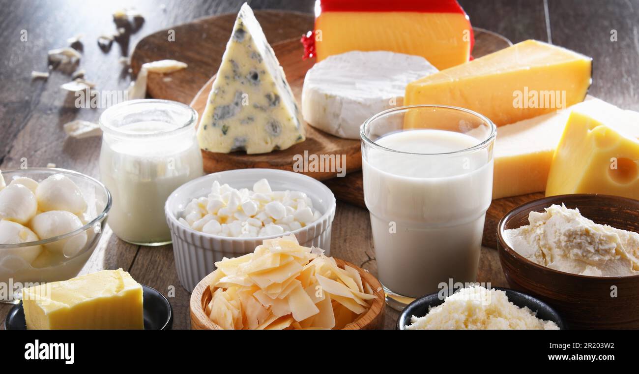 A variety of dairy products including cheese, milk and yogurt Stock ...
