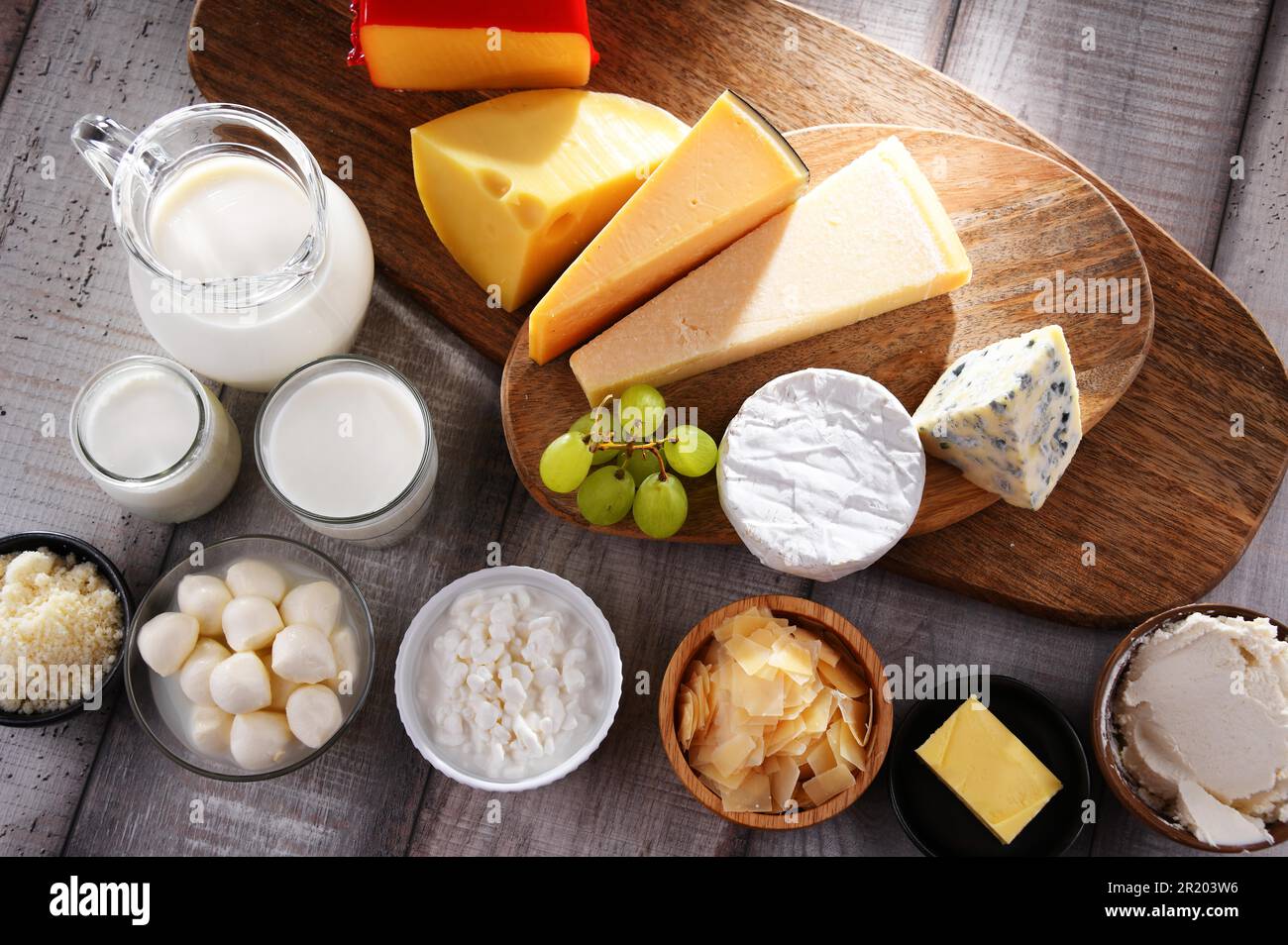 A variety of dairy products including cheese, milk and yogurt Stock ...