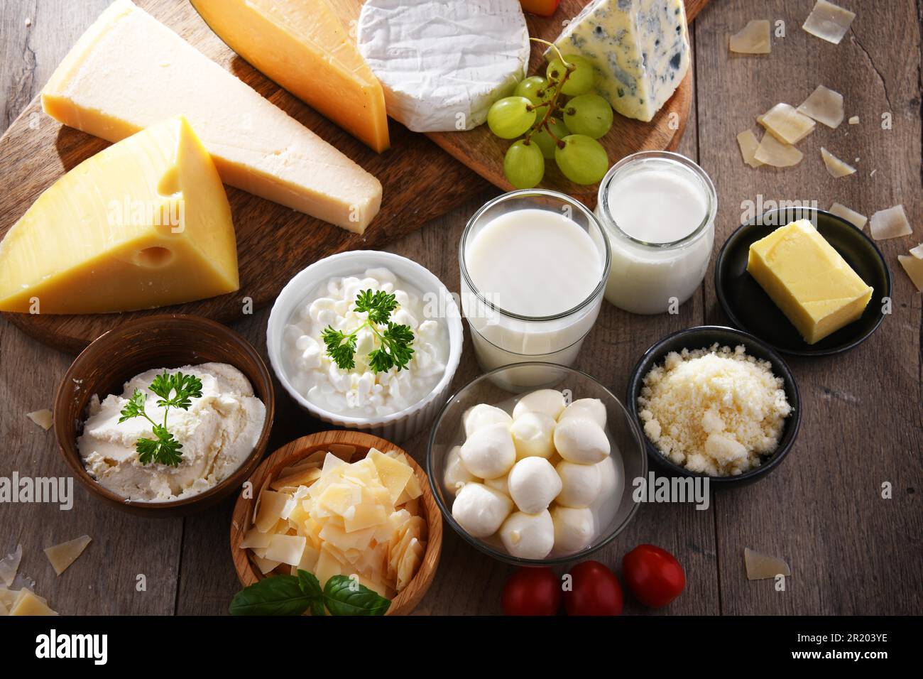 A variety of dairy products including cheese, milk and yogurt Stock ...