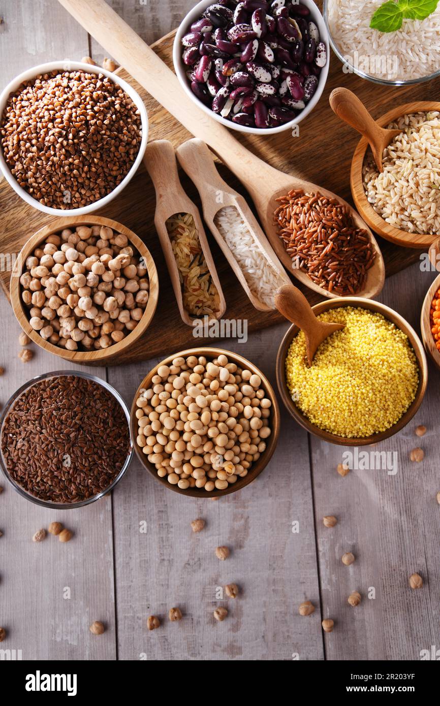 Composition with different kinds of dry food products Stock Photo - Alamy