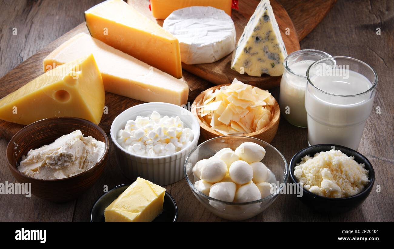 A variety of dairy products including cheese, milk and yogurt Stock ...