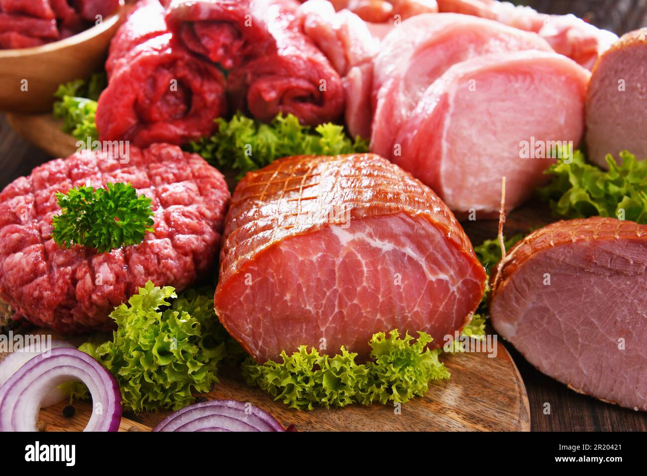 Composition with assorted meat products Stock Photo - Alamy