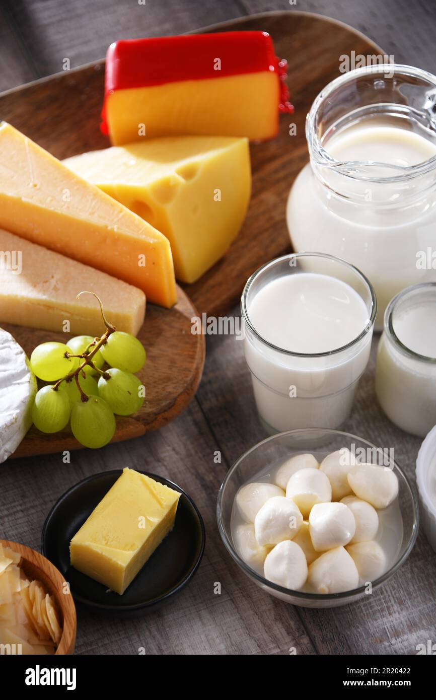 A variety of dairy products including cheese, milk and yogurt Stock ...