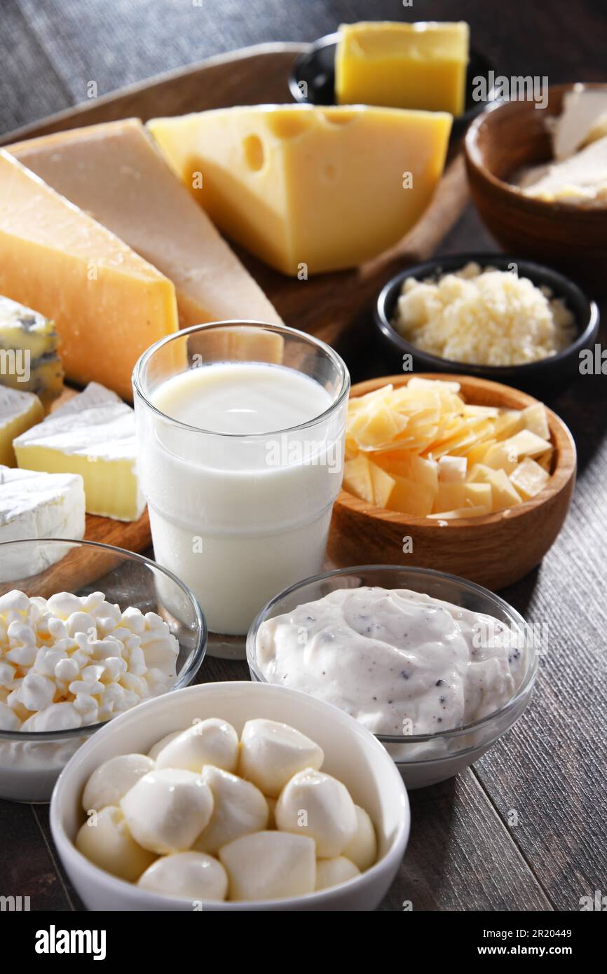 A variety of dairy products including cheese, milk and yogurt Stock ...