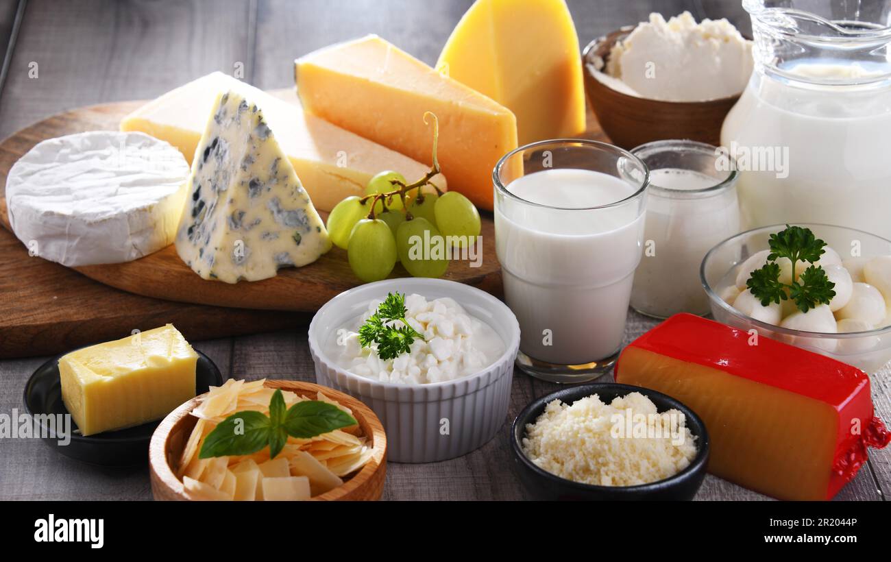 A variety of dairy products including cheese, milk and yogurt Stock ...