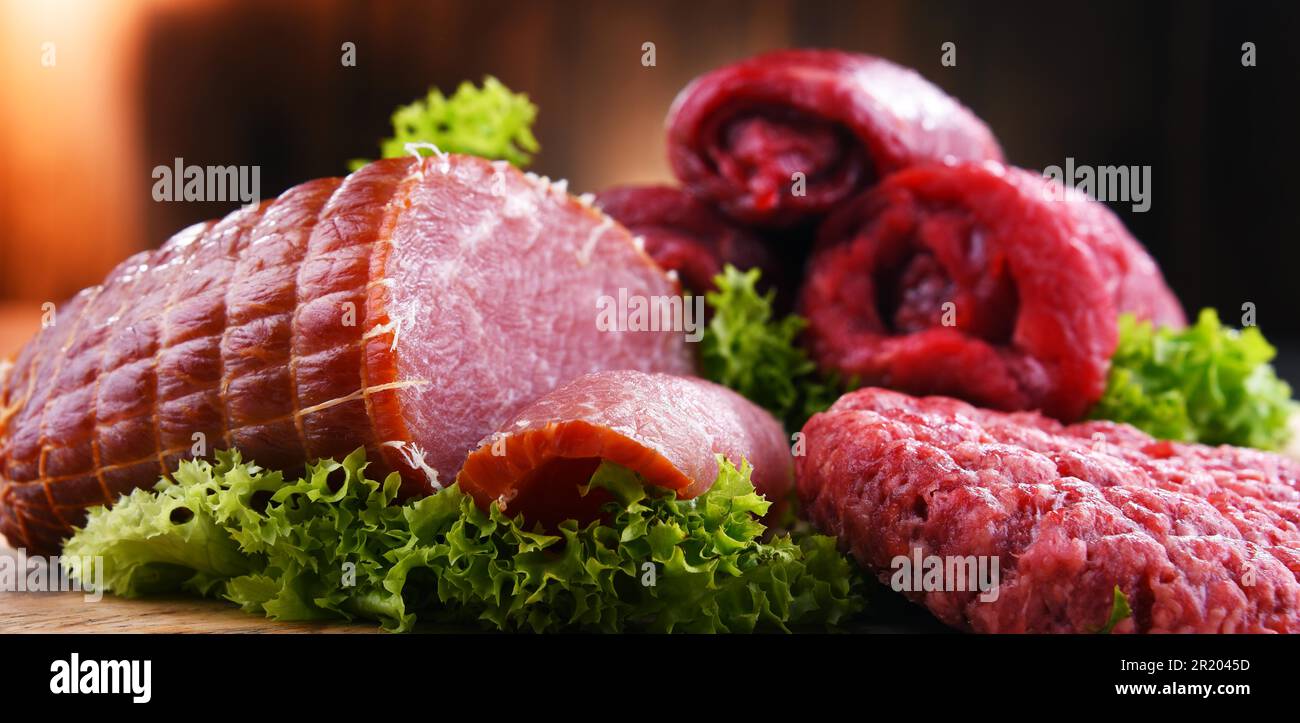 Composition with assorted meat products Stock Photo - Alamy