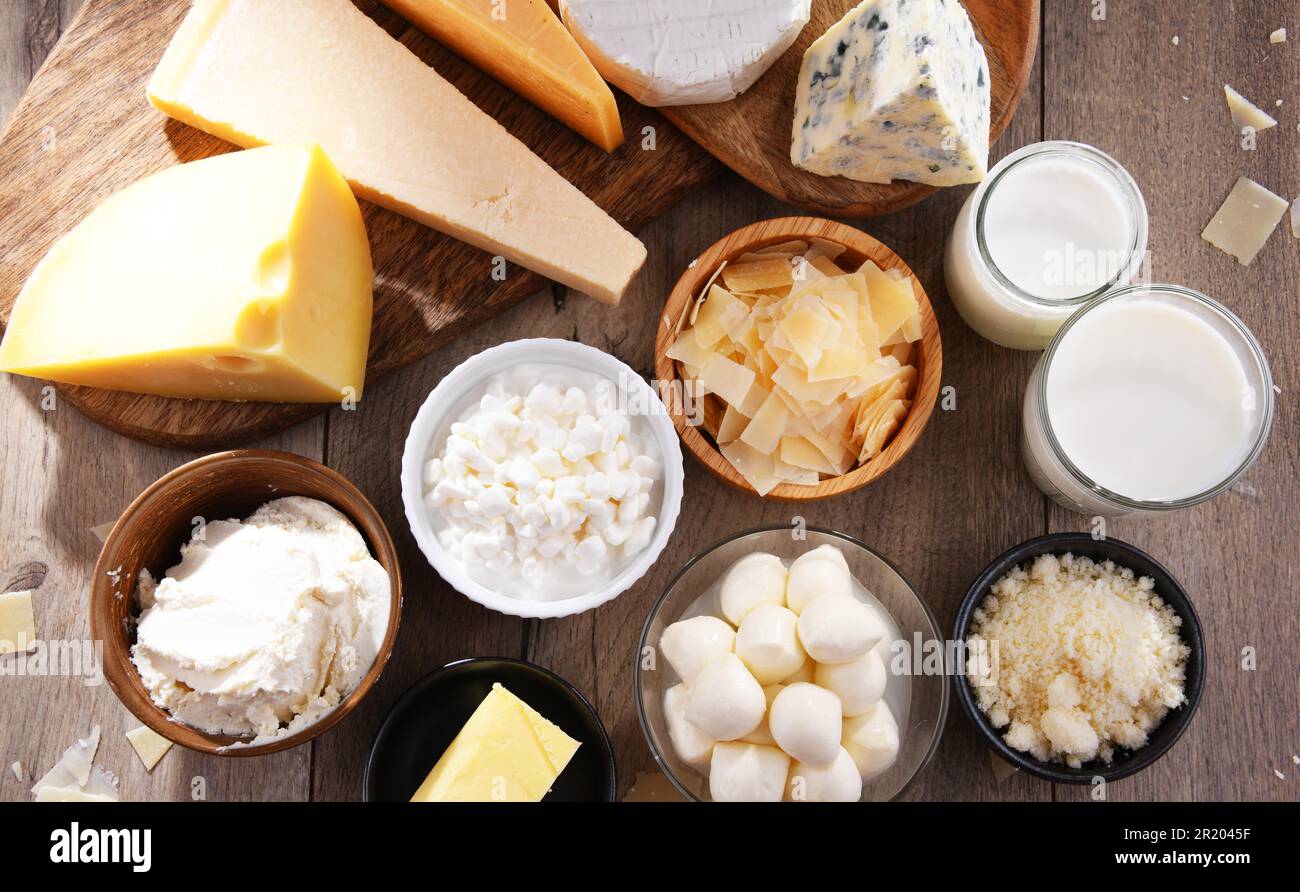 A variety of dairy products including cheese, milk and yogurt Stock ...