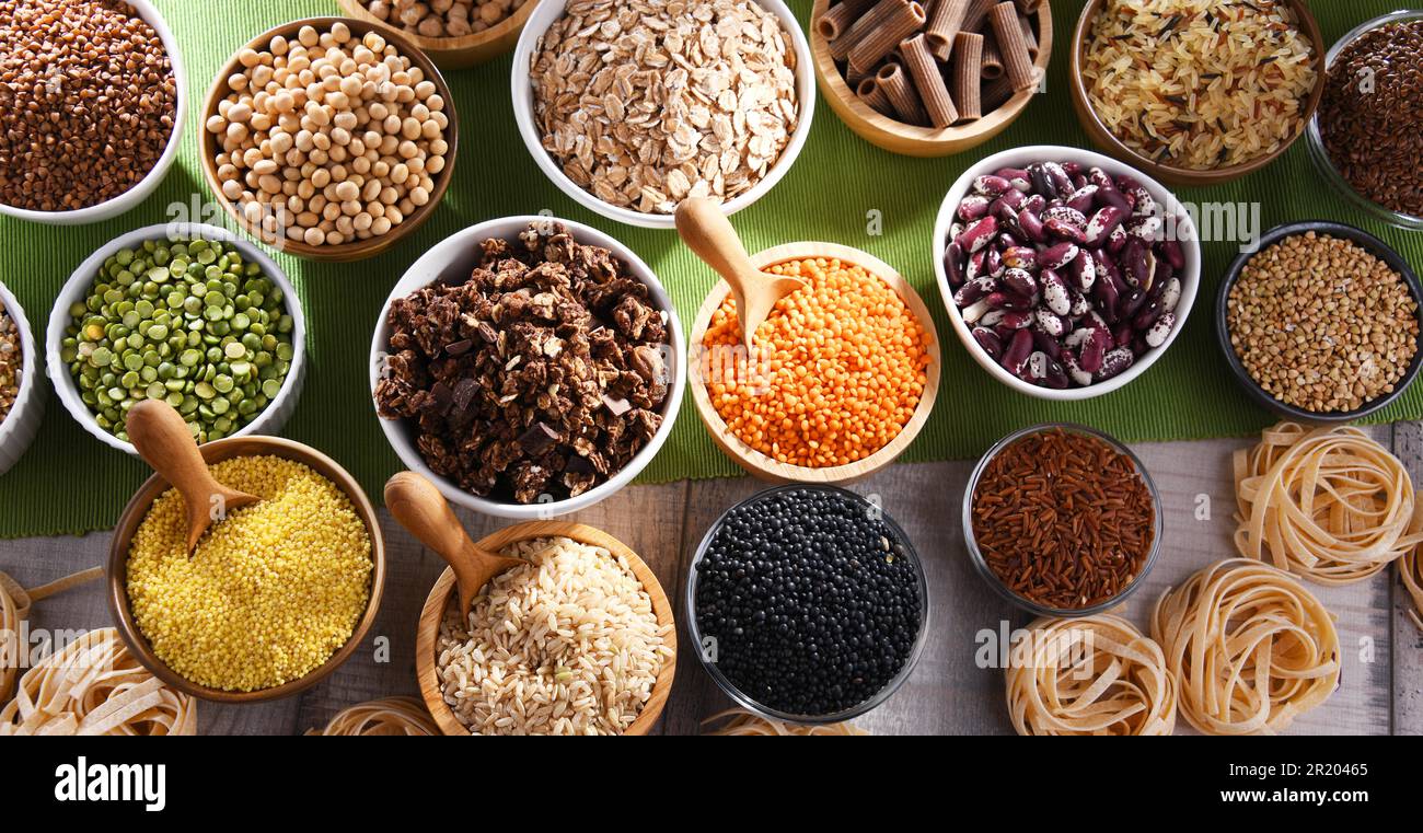 Composition with different kinds of dry food products Stock Photo - Alamy