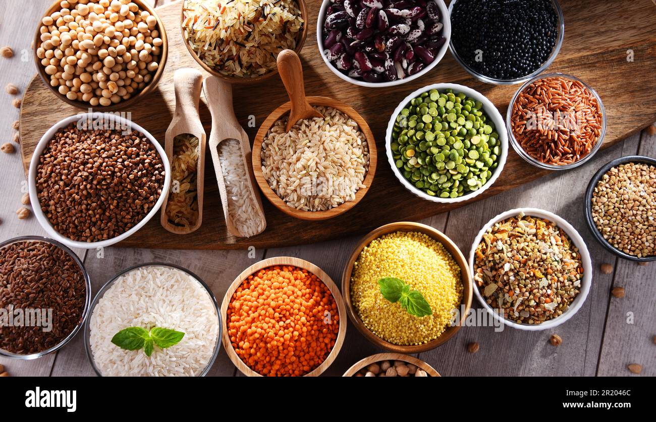 Composition with different kinds of dry food products Stock Photo - Alamy