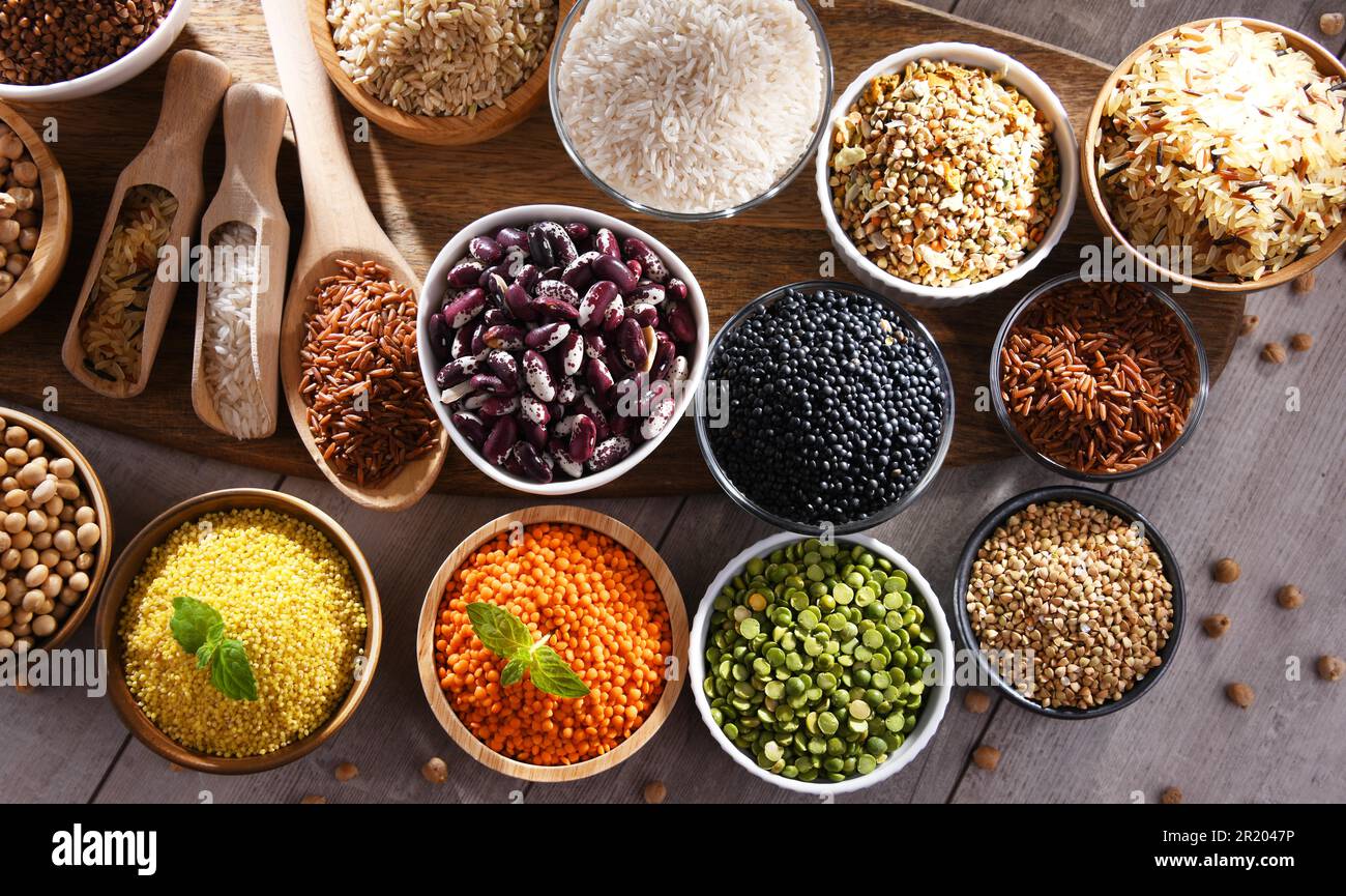 Composition with different kinds of dry food products Stock Photo - Alamy