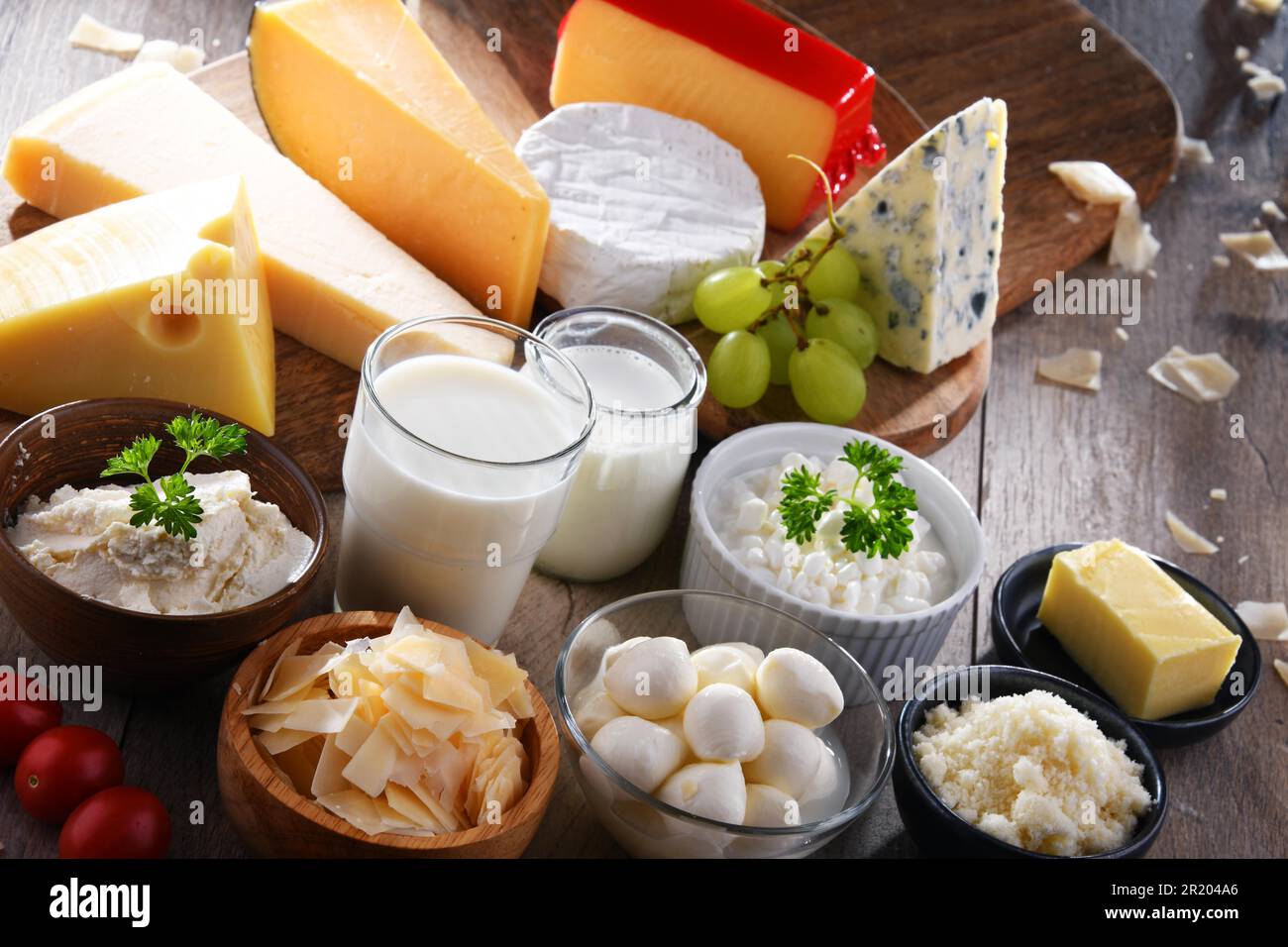 A variety of dairy products including cheese, milk and yogurt Stock ...