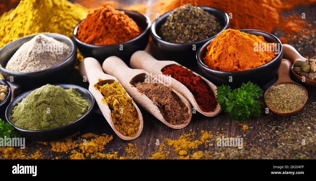 Indian spices coriander chili ginger turmeric cinnamon hi-res stock ...