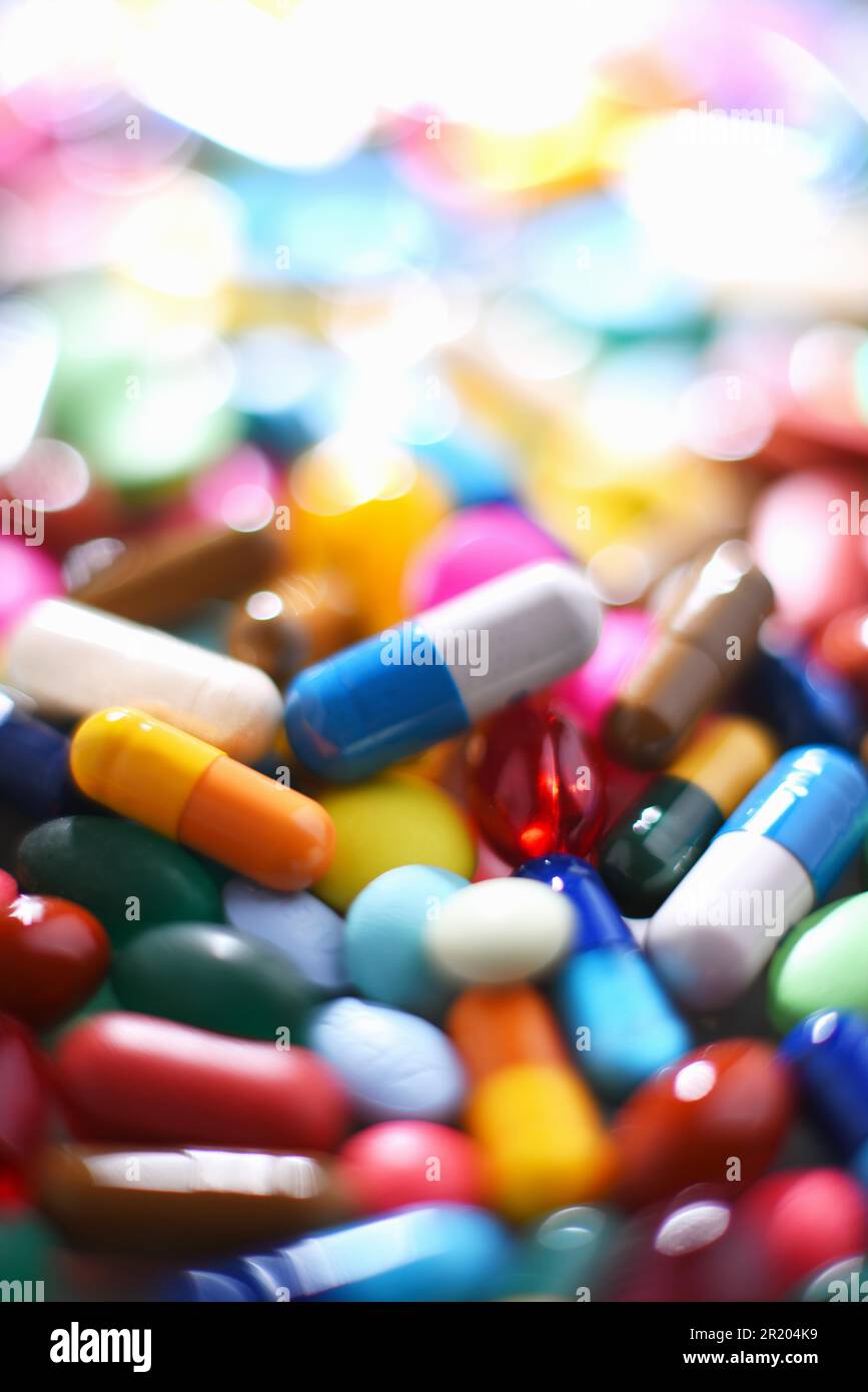 Composition with variety of drug pills and dietary supplement capsules ...