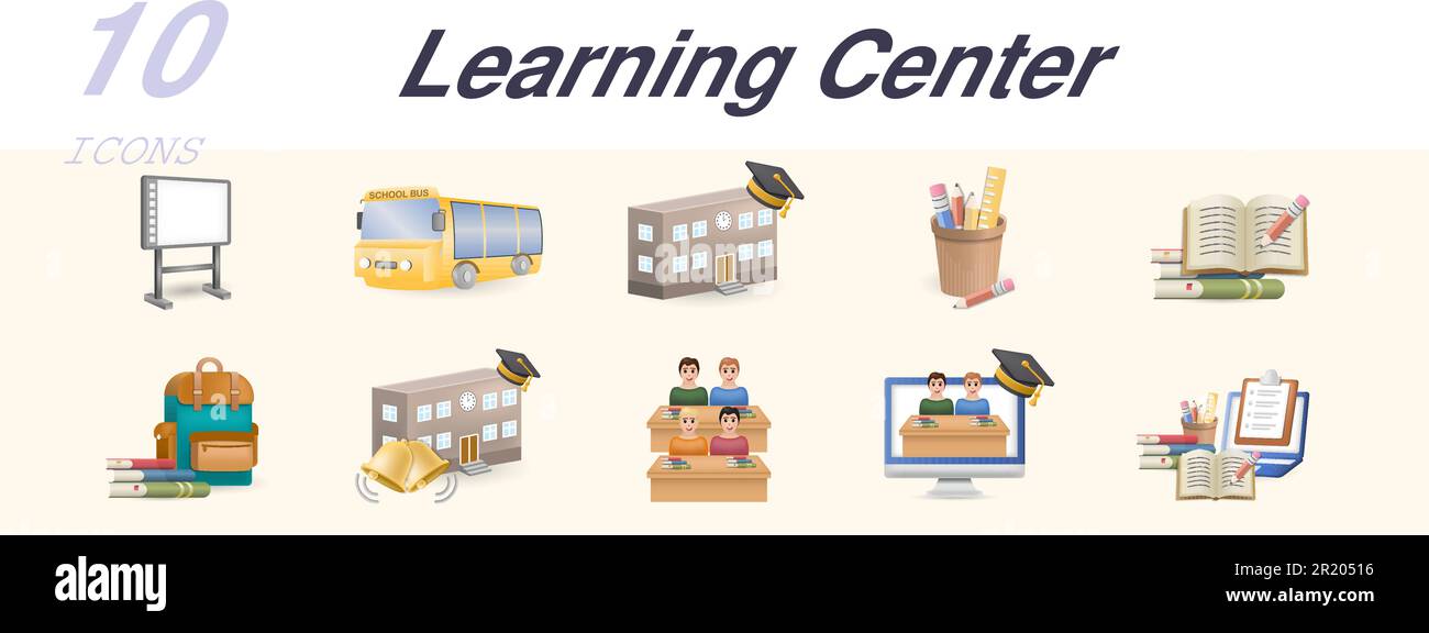 Learning center set. Creative icons: interactive board, school bus ...