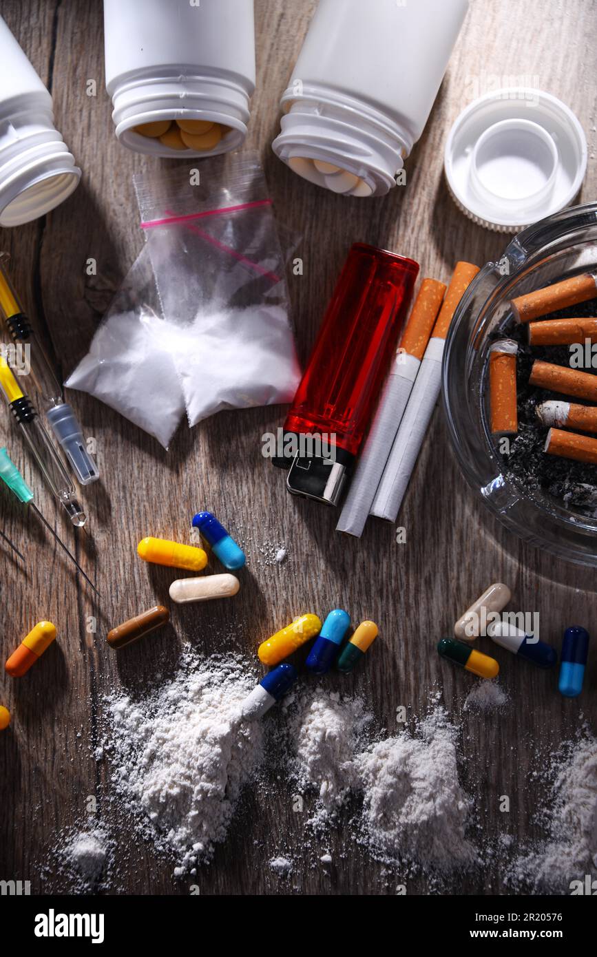 Addictive substances, including alcohol, cigarettes and drugs Stock ...