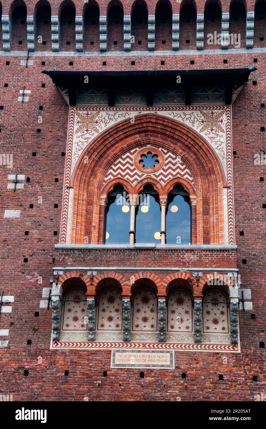 Embossed brick and polylobed windows at Castle Sforza in Milan, Italy ...