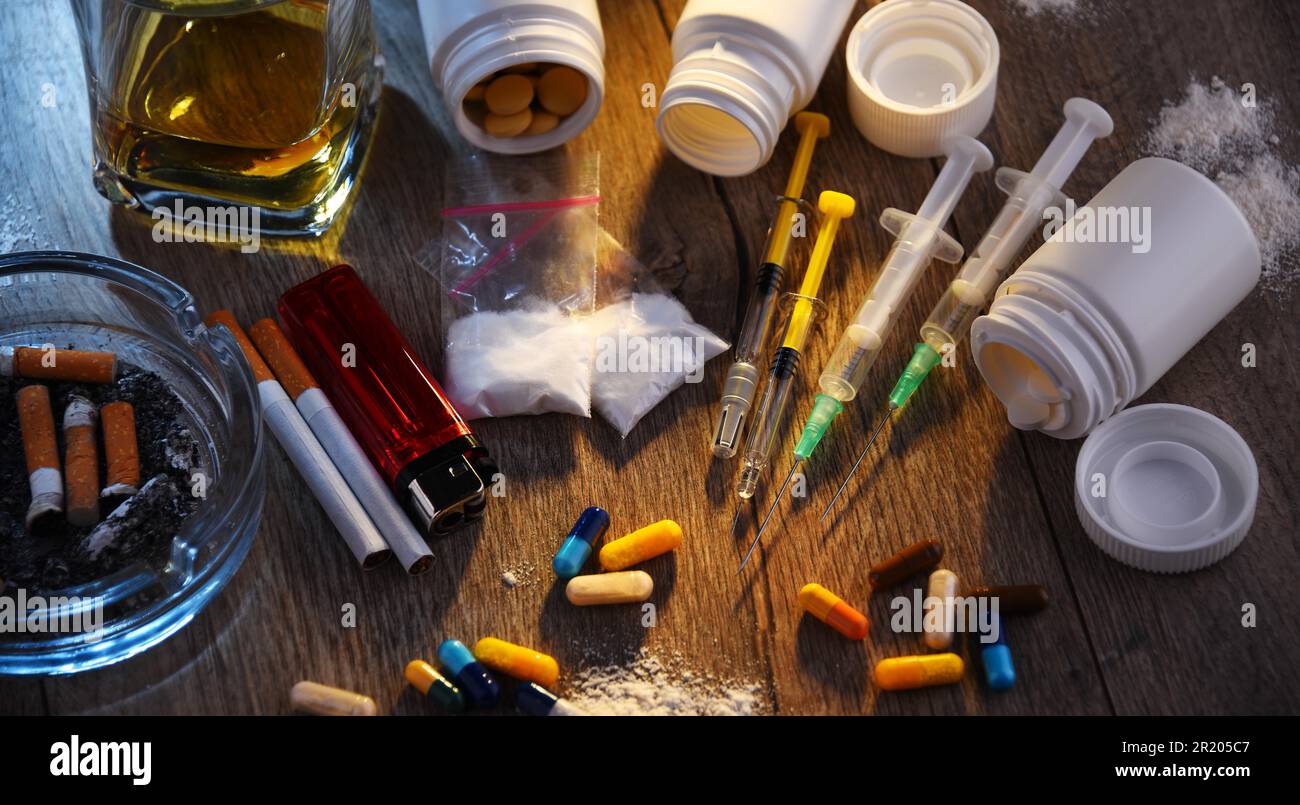 Addictive substances, including alcohol, cigarettes and drugs Stock ...