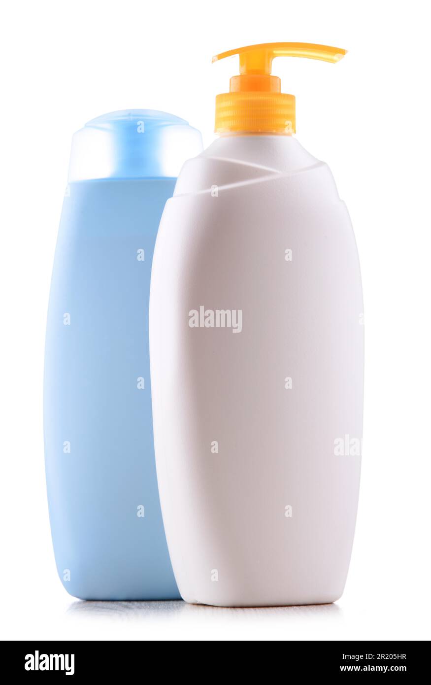 Plastic contaiers of shampoos and shower gels isolated on white ...