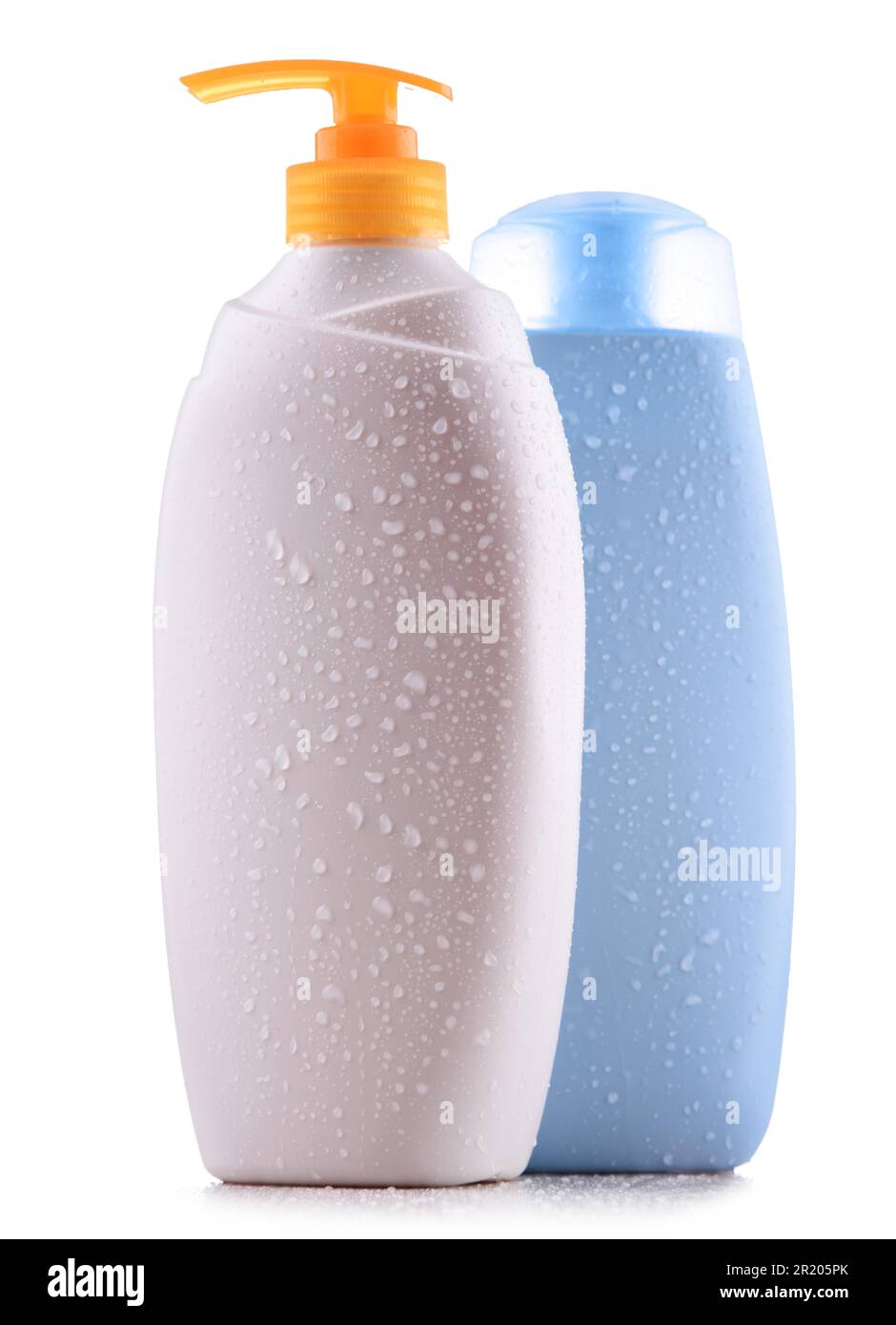 Plastic contaiers of shampoos and shower gels isolated on white ...