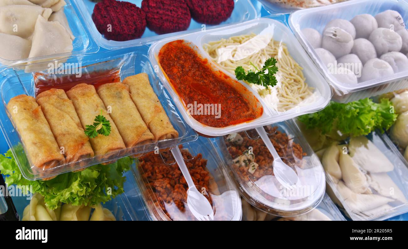 A variety of prepackaged food products in plastic boxes Stock Photo - Alamy