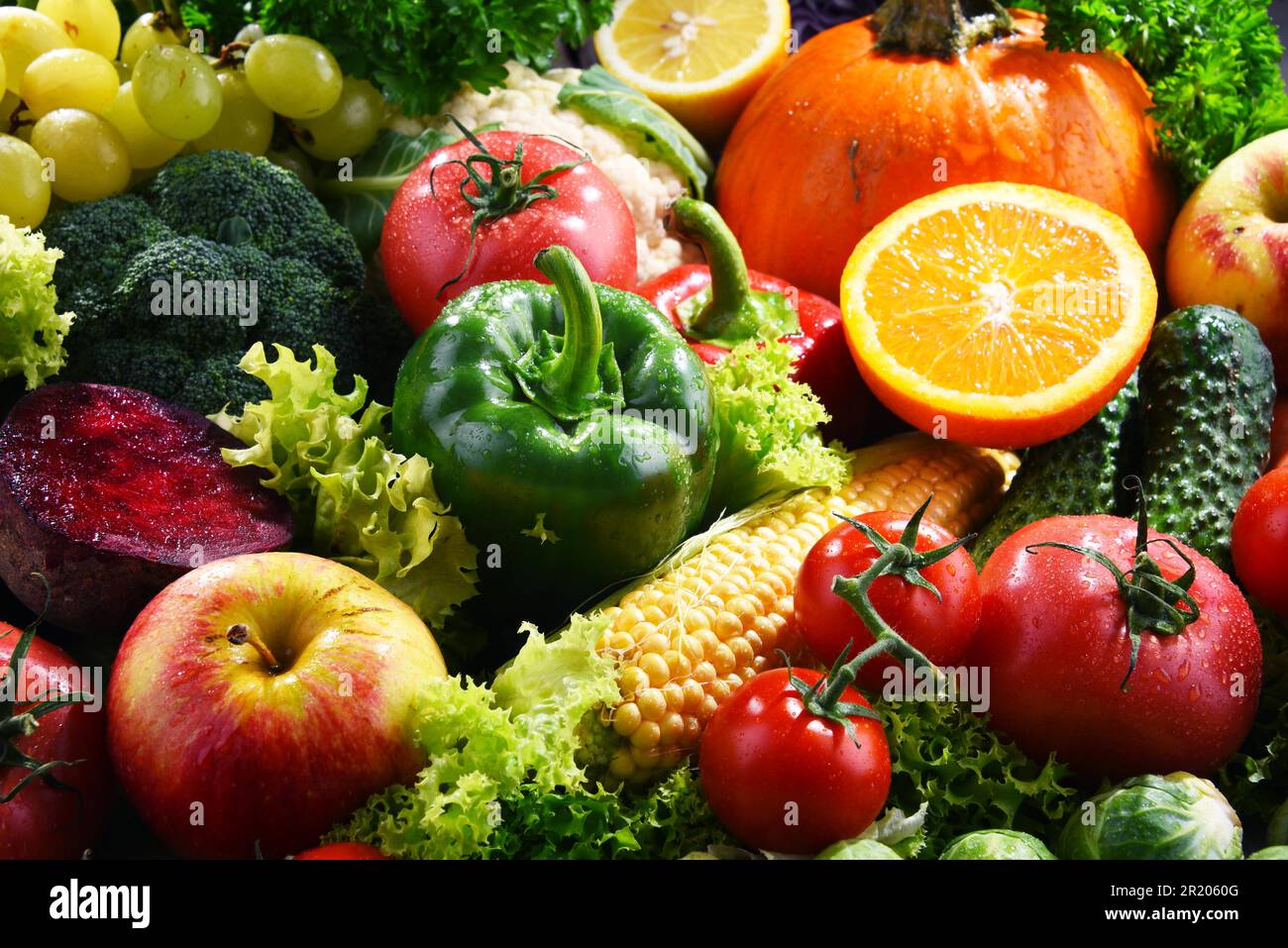 Composition with variety of fresh organic vegetables and fruits Stock ...