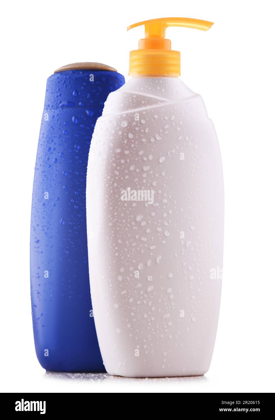 Plastic contaiers of shampoos and shower gels isolated on white ...