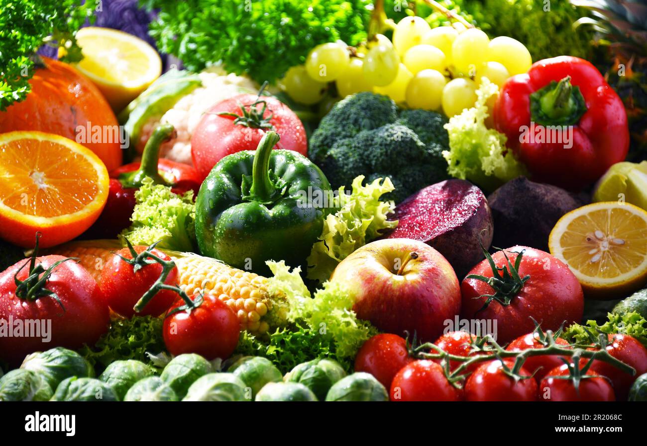 Composition with variety of fresh organic vegetables and fruits Stock ...
