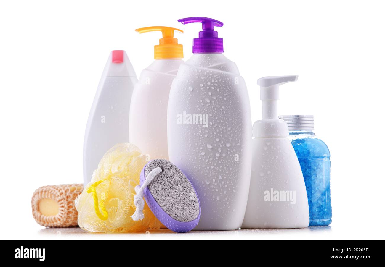 Plastic contaiers of shampoos and shower gels isolated on white ...