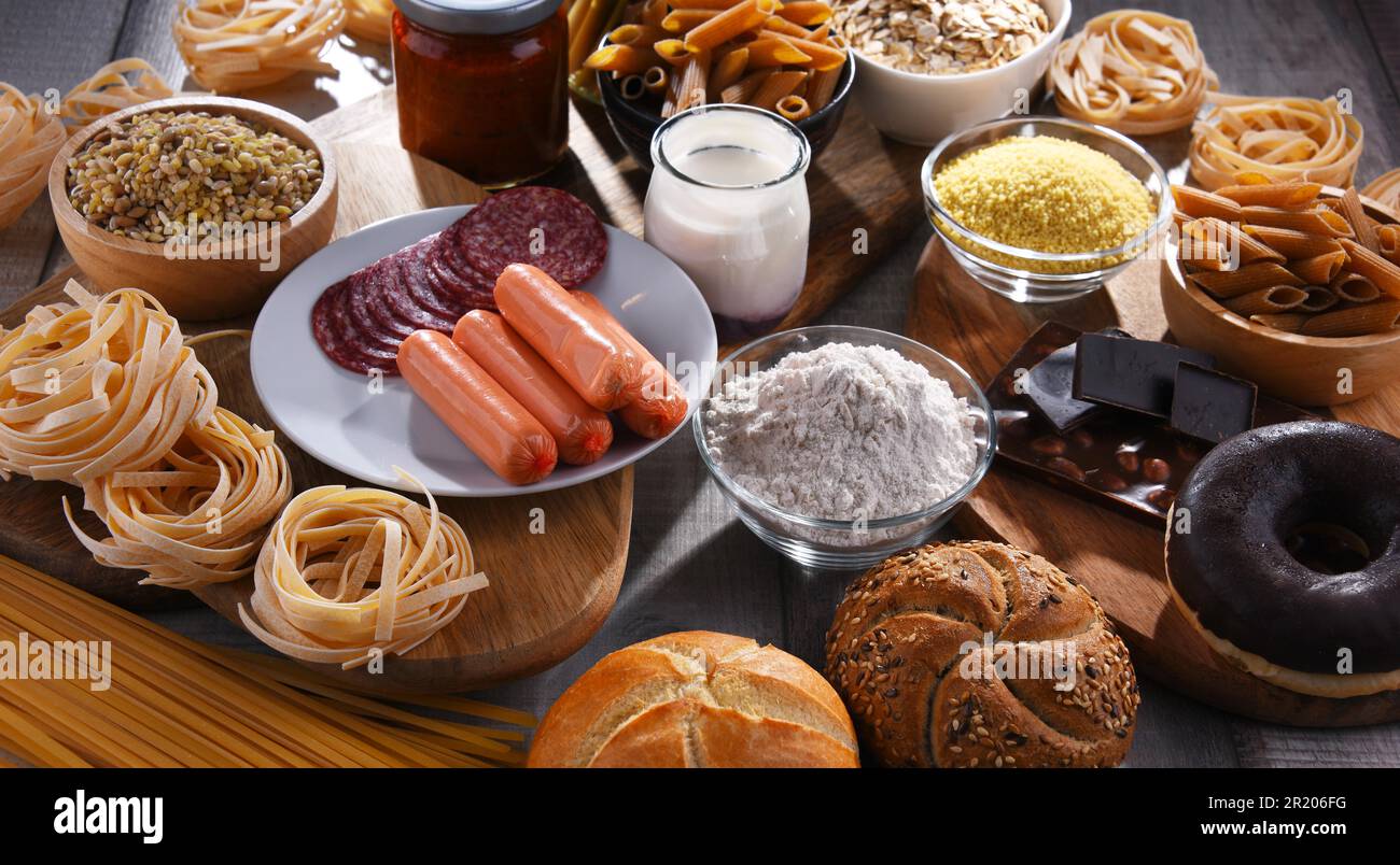 Composition with variety of food products containing gluten Stock Photo ...