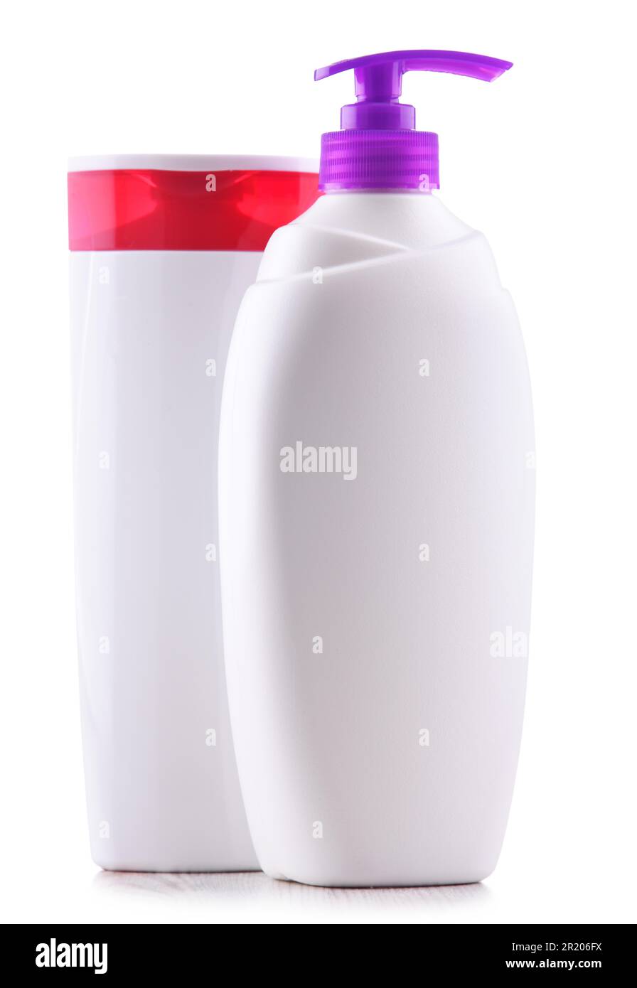 Plastic contaiers of shampoos and shower gels isolated on white ...