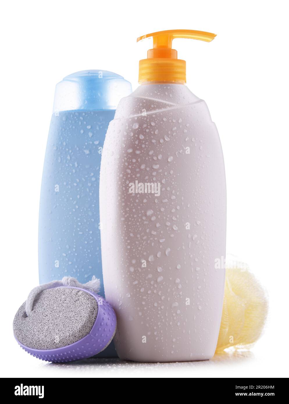 Plastic contaiers of shampoos and shower gels isolated on white ...