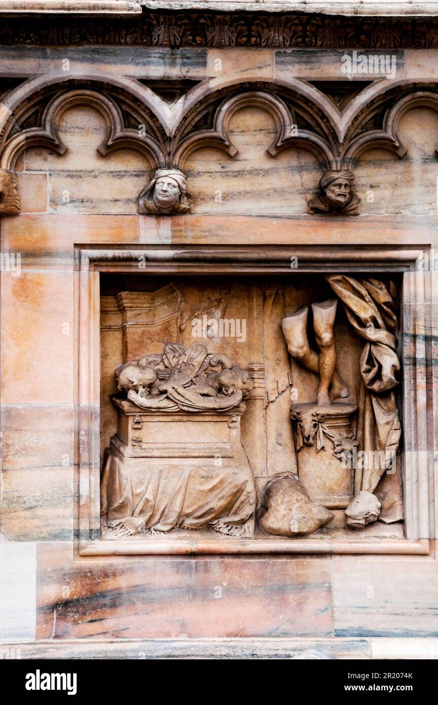Bas reliefs of the Fall of the Idol of Dagon, Cathedral of Milan, Italy ...