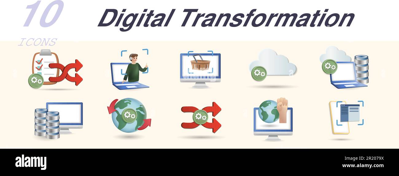 Digital transformation set. Creative icons: vehicle to grid, search ...