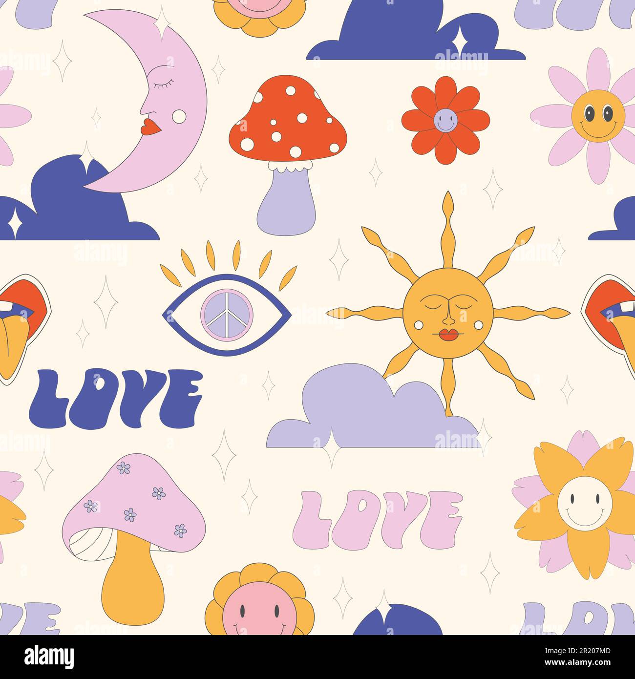 Groovy hippie 1970s background. Funny cartoon flower, rainbow, peace ...