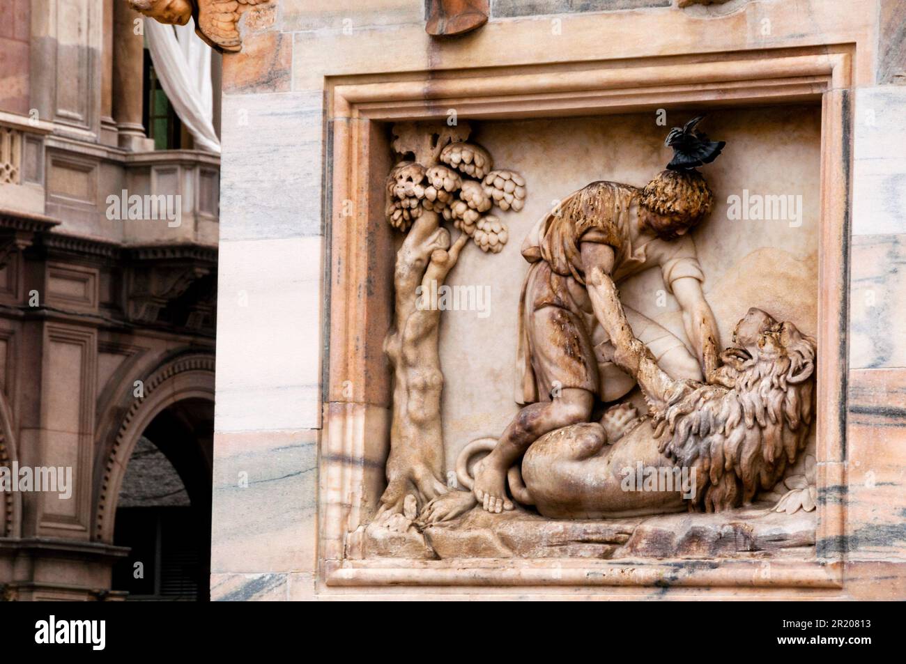 Bas-relief sculpture of Samson and the lion, Cathedral of Milan, Italy ...
