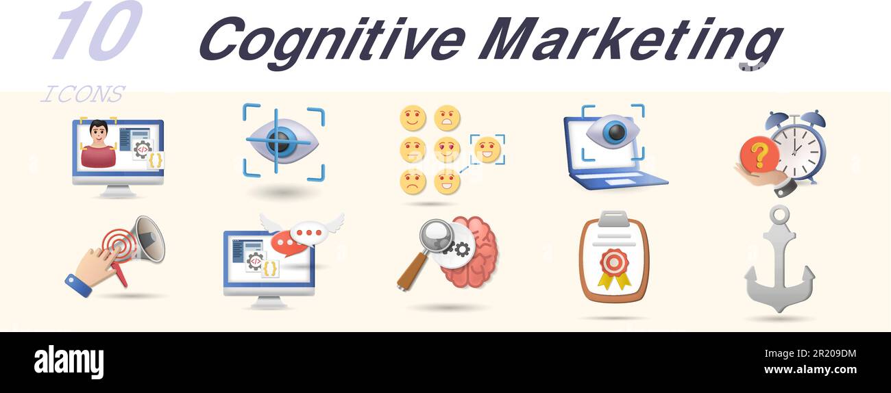 Cognitive marketing set. Creative icons: facial coding, eye-tracking ...