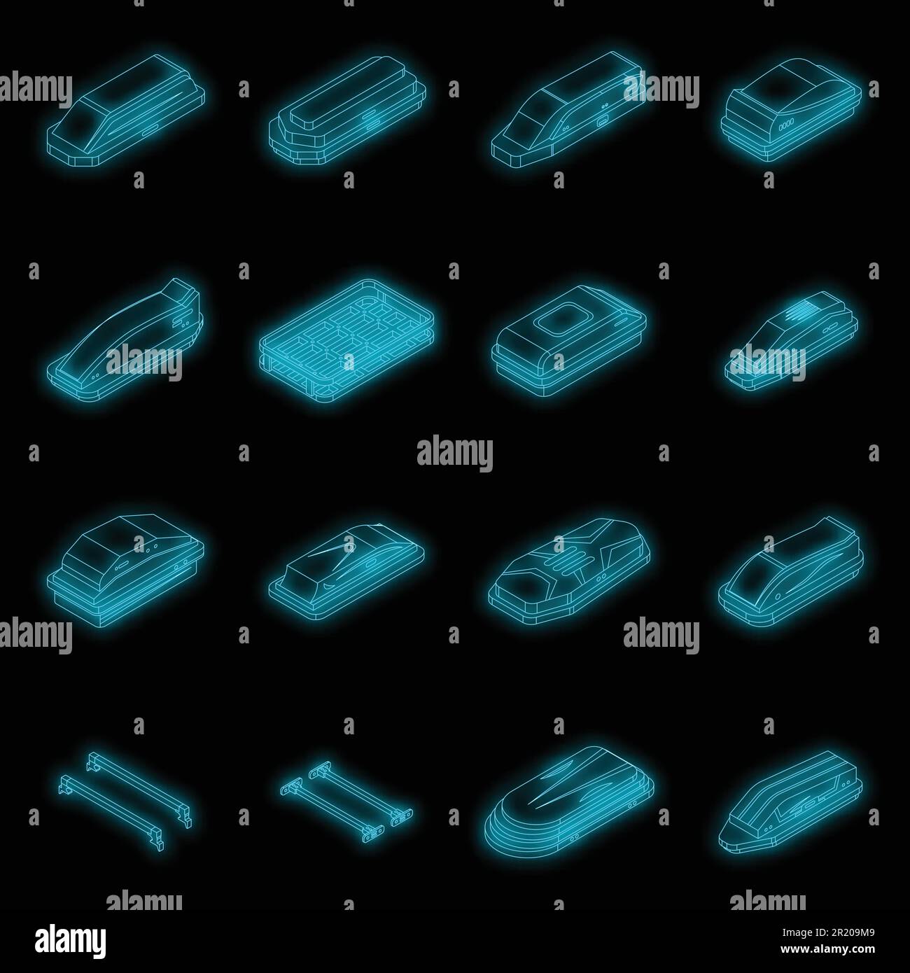 Car roof box icons set. Isometric set of car roof box vector icons neon color on black Stock ...