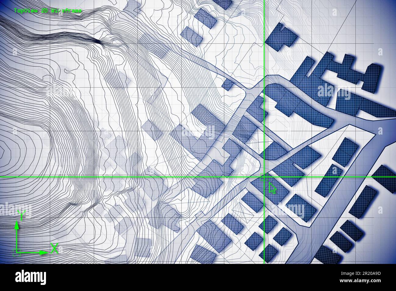 Imaginary cadastral map of territory with buildings and roads drawn ...