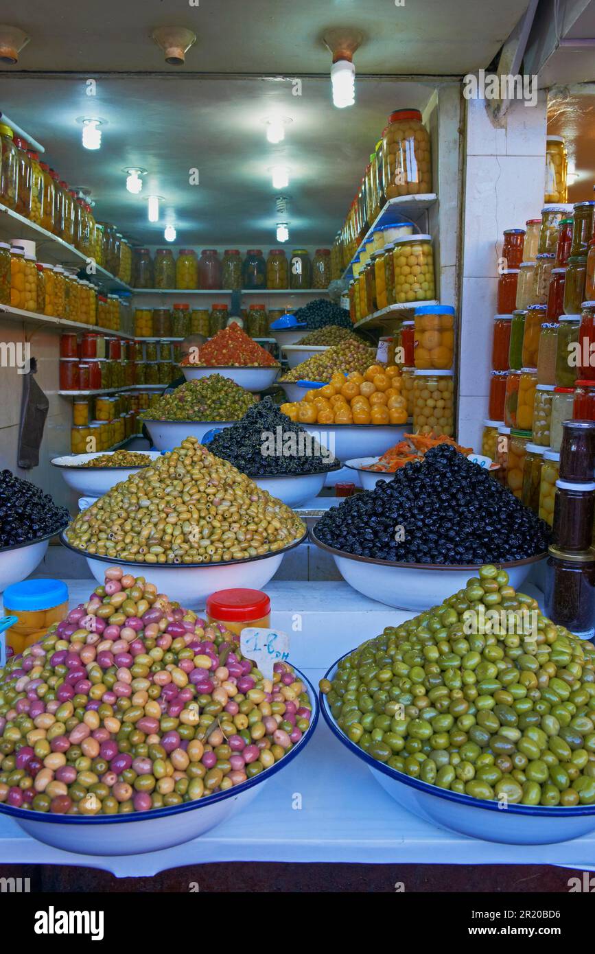 Olive shop, Medina, Marrakech, UNESCO World Heritage Site, Maghreb, North Africa, Morocco Stock ...