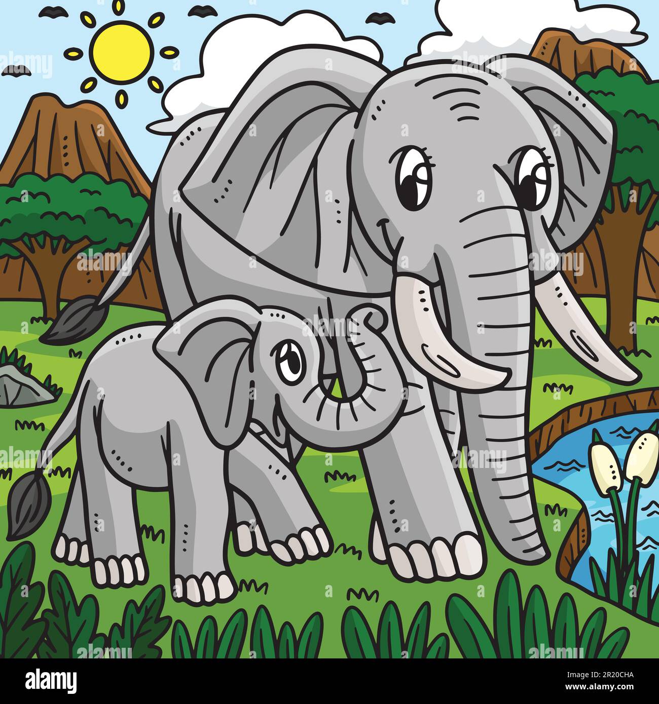 Mother Elephant and Baby Elephant Colored Cartoon Stock Vector Image ...