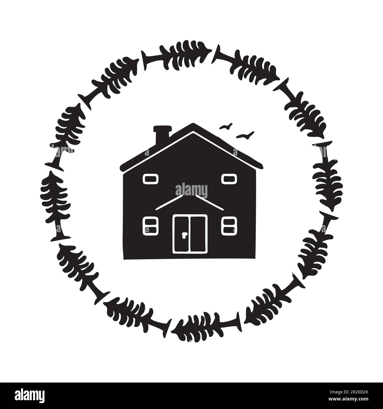 Wooden log cabin in scandi linocut style vector illustration. Alpine ...