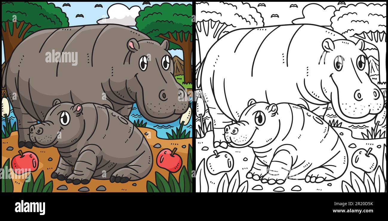 Mother Hippo and Baby Hippo Coloring Illustration Stock Vector Image ...