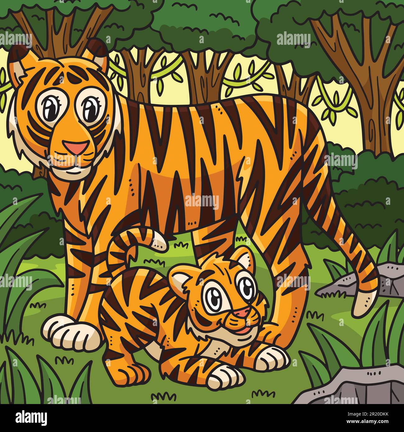 Mother Tiger and Cub Colored Cartoon Illustration Stock Vector Image ...