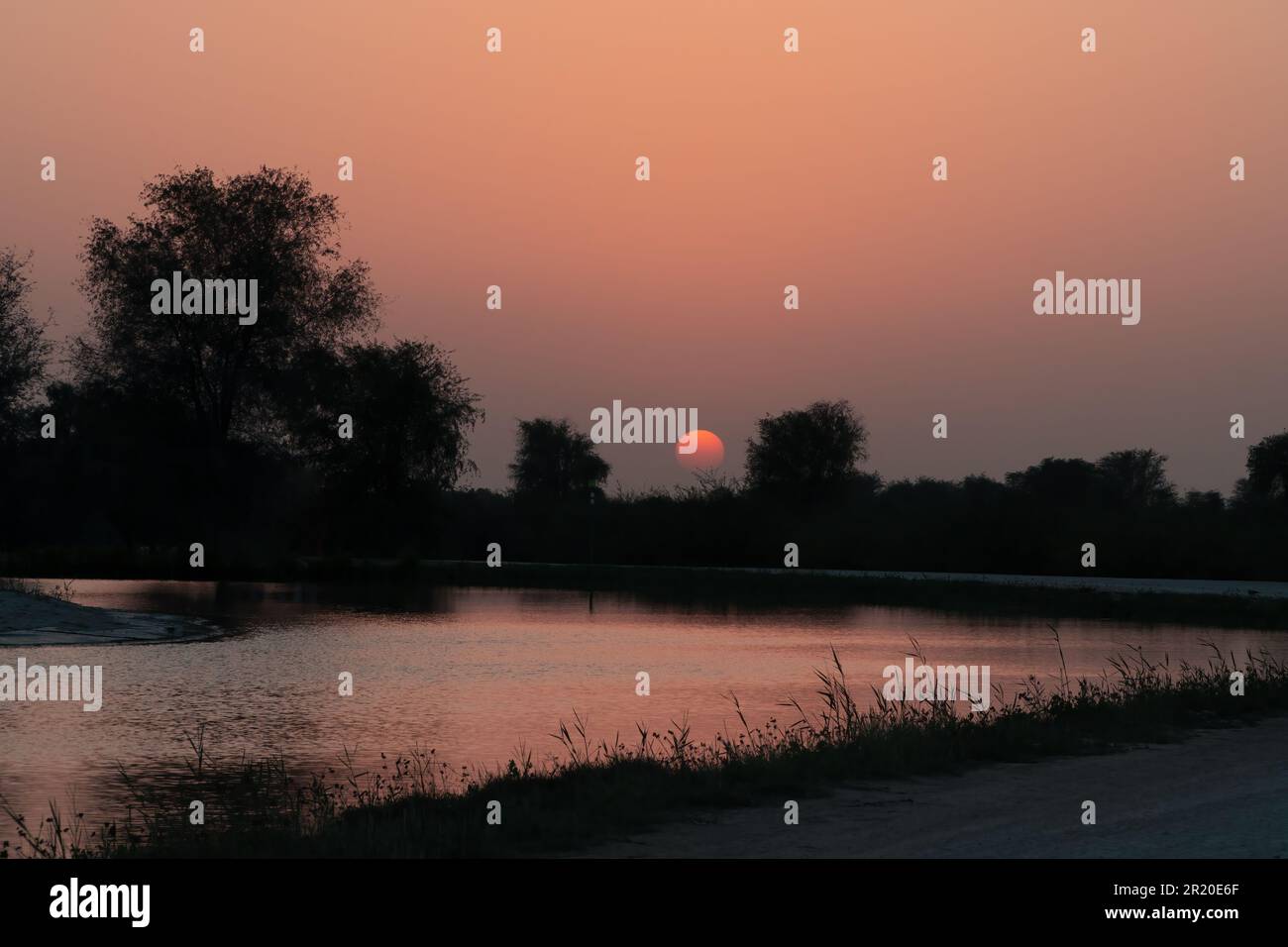 beautiful and serene sunset at the al qudra lakes in dubai with a ...