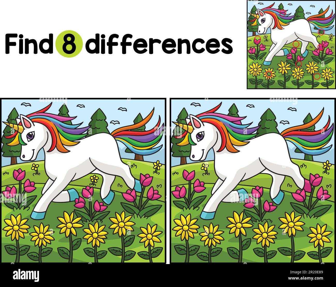Unicorn Playing on the Flower Find The Differences Stock Vector Image ...