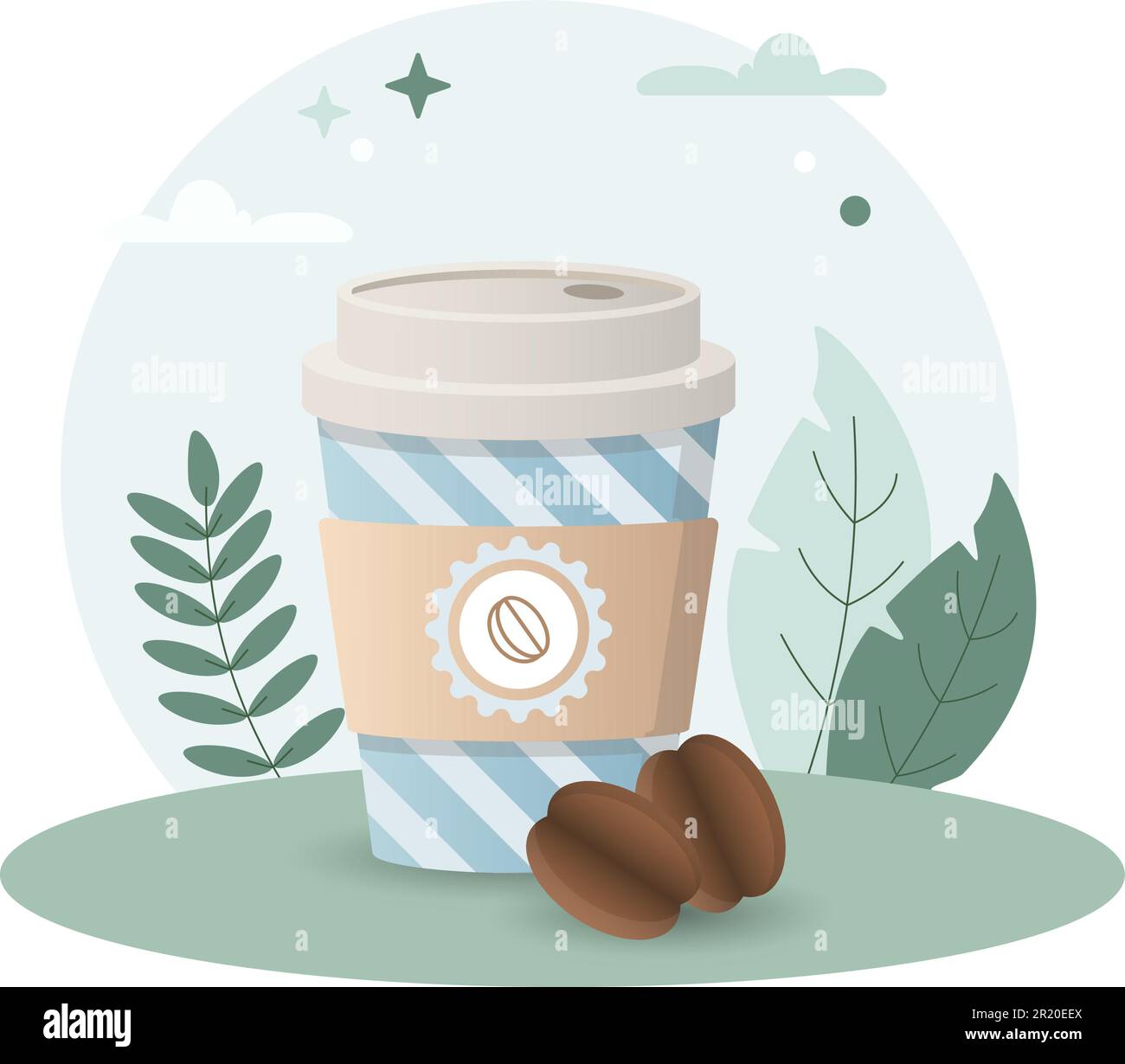 Coffee To Go illustration. Paper cup, coffe beans, lid, label. Editable ...