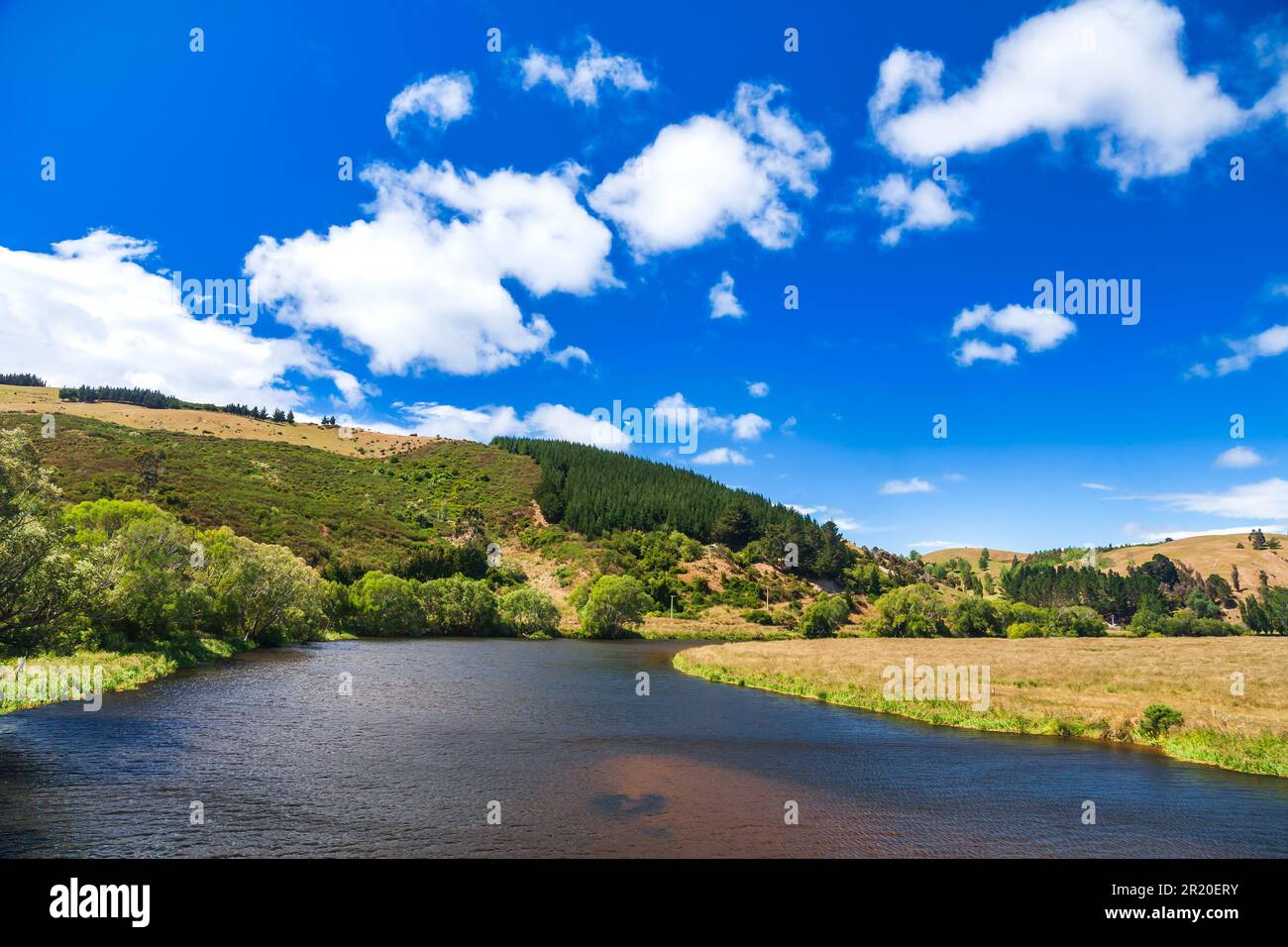 New Zealand summer landscape with Taieri River, the fourth-longest ...