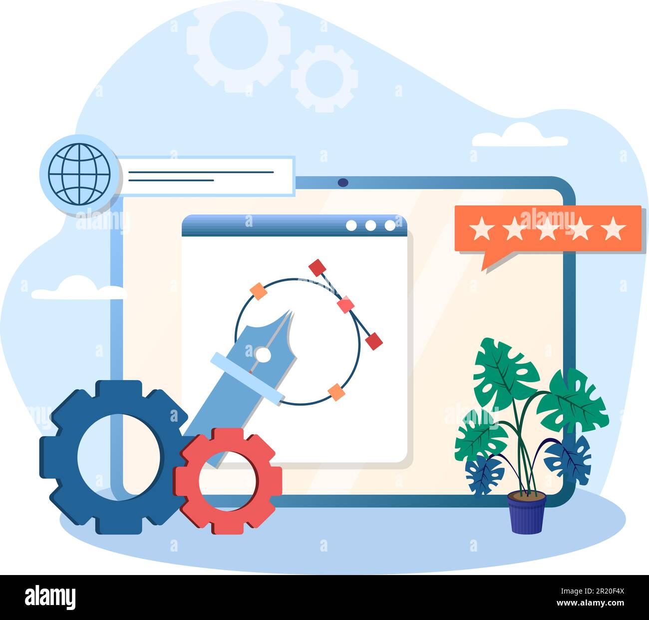 Project management illustration. Pen, gear, stars, screen. Editable ...